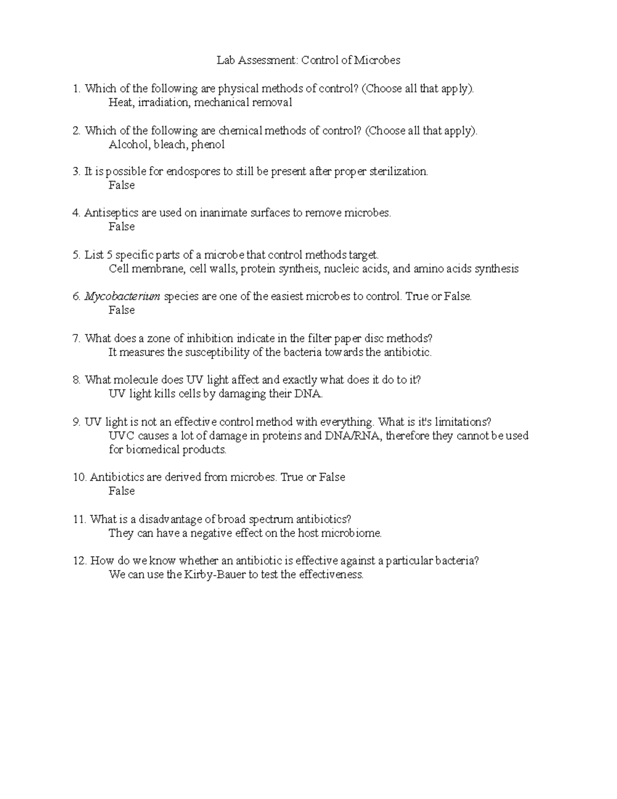 Lab Assessment - Control of Microbes - Lab Assessment: Control of ...
