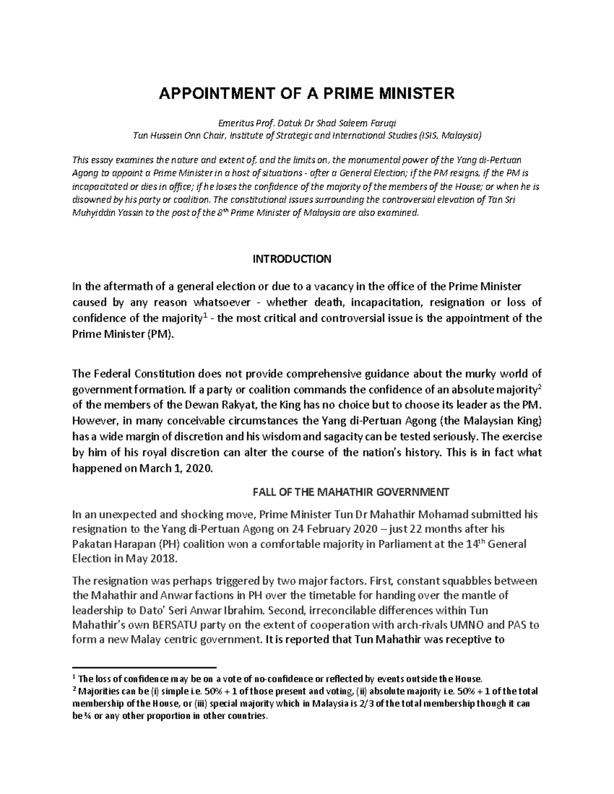 Appointment of a Prime Minister Emeritus Prof Datuk Dr Shad Saleem ...
