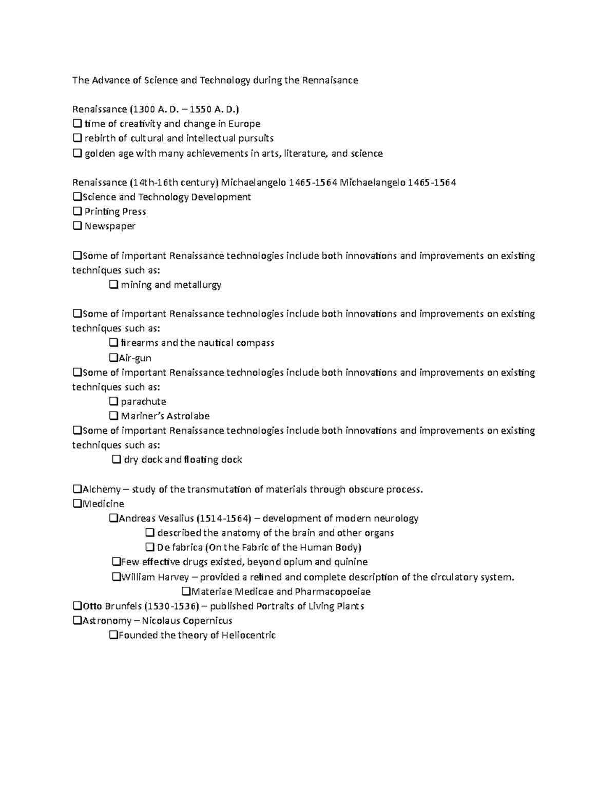 The Advance of Science and Technology during the Rennaisance - D ...