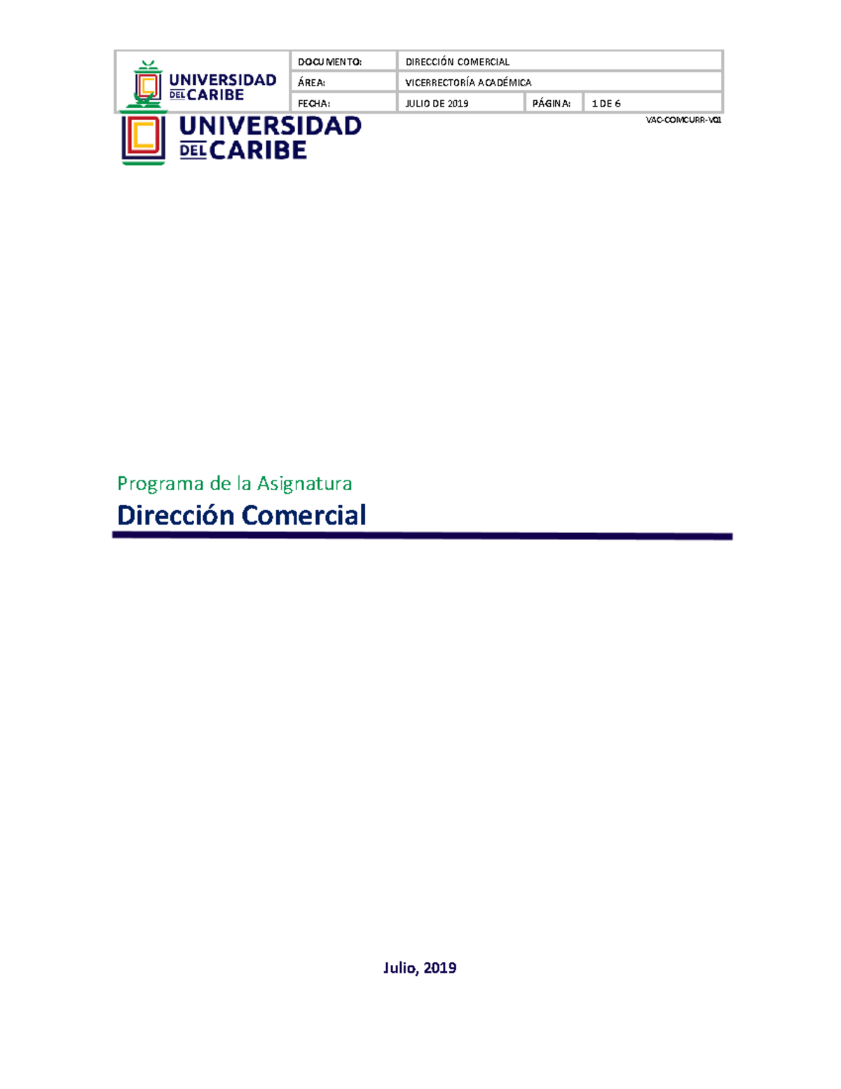 ADE-104- Direccion Comercial - Rev TC (1) Programa - VAC-COMCURR-V ÁREA: VICERRECTORÍA ACADÉMICA ...