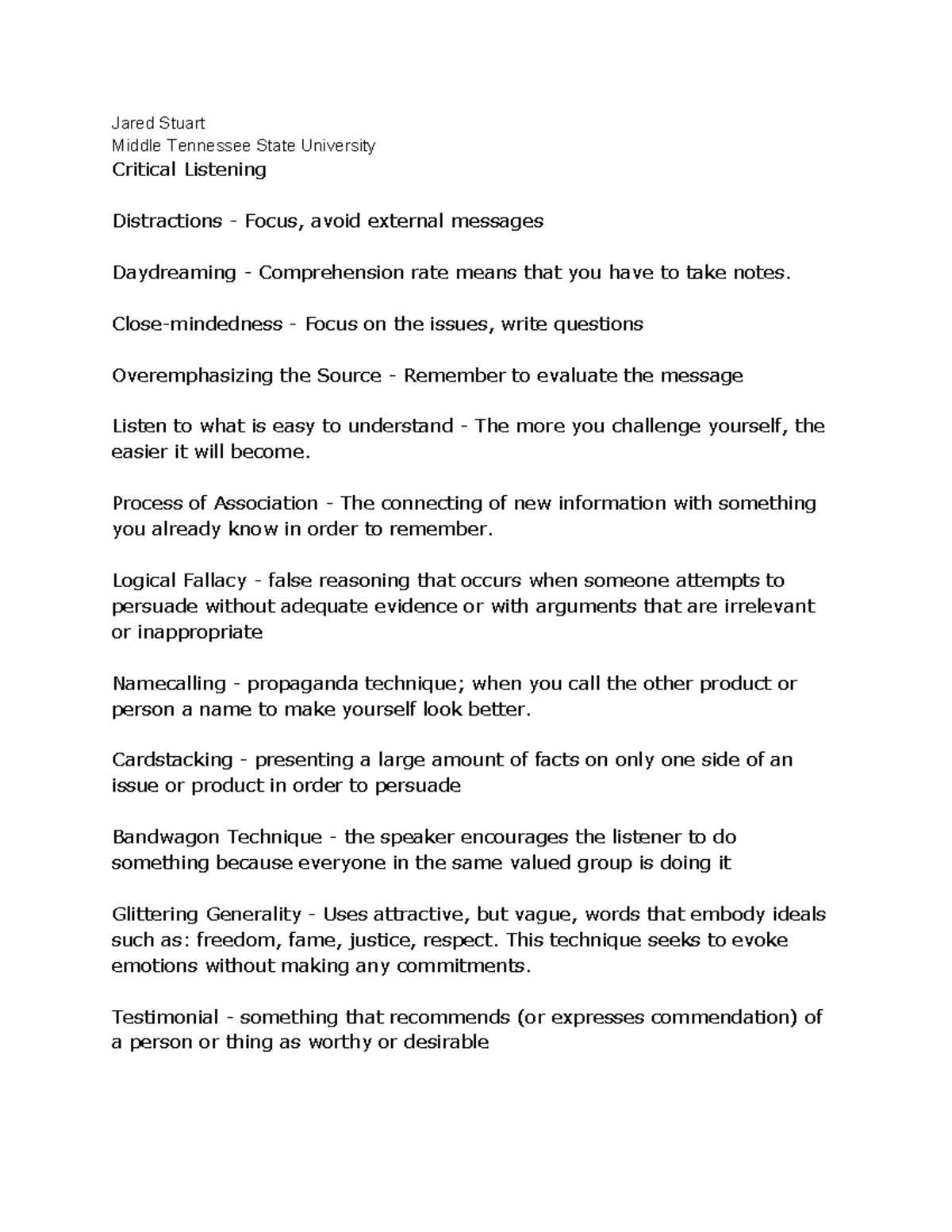 Critical Listening notes - Jared Stuart Middle Tennessee State ...