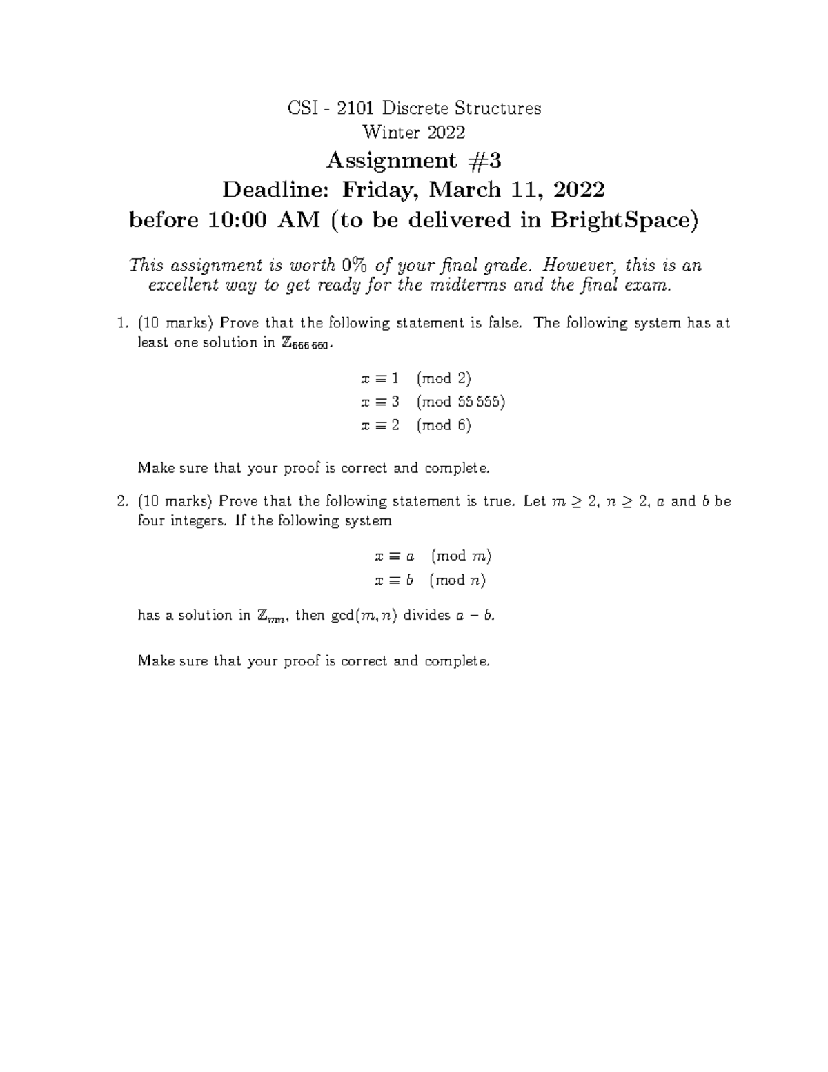 Assignment 3 Winter 2022 - CSI - 2101 Discrete Structures Winter 2022 Assignment Deadline ...