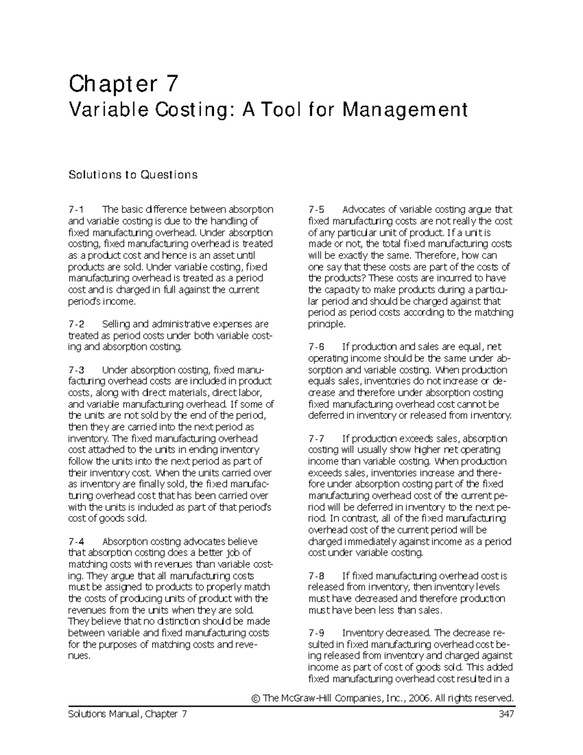 Chapter 7 Variable Costing A Tool for Ma - © The McGraw-Hill Companies ...