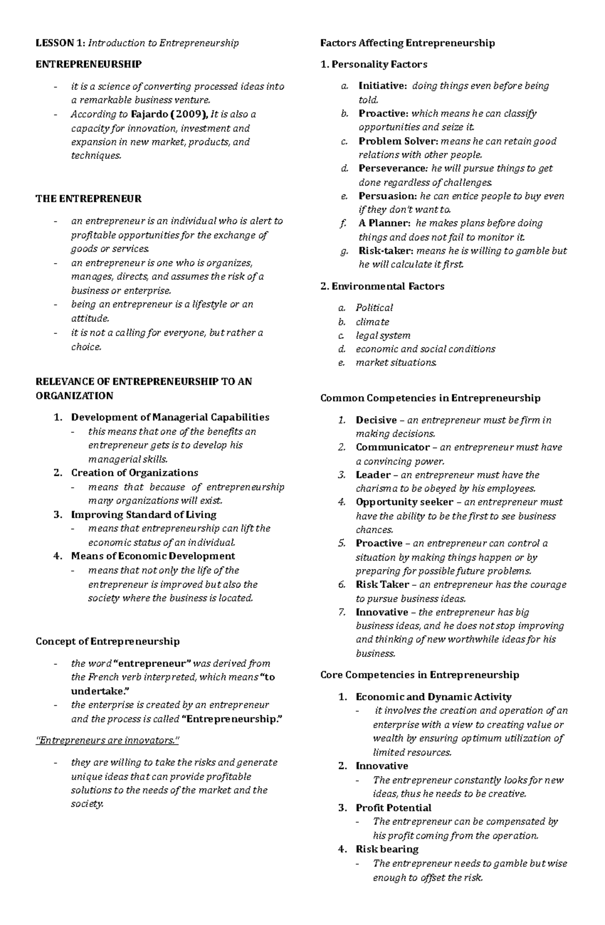 Entrep- All Lesson - LESSON 1: Introduction to Entrepreneurship ...
