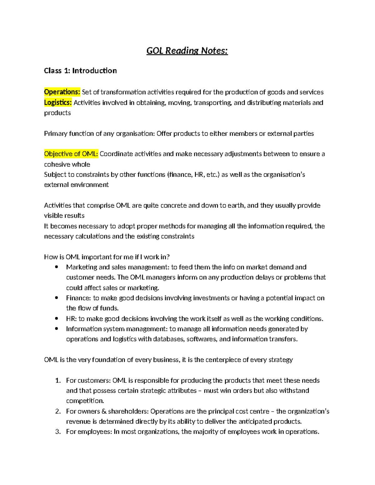 GOL Reading Notes - GOL Reading Notes: Class 1: Introduction Operations ...