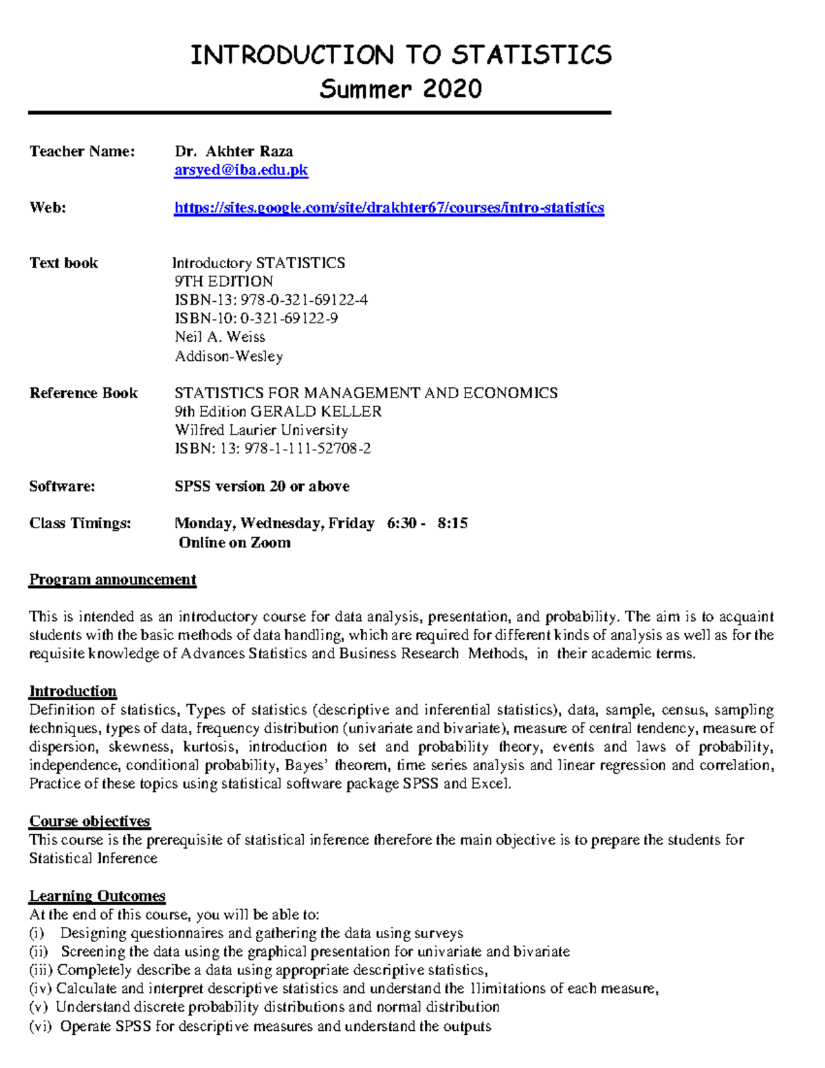 Outline summer 20 - N/A - Probability and Statistics - LUMS - Studocu