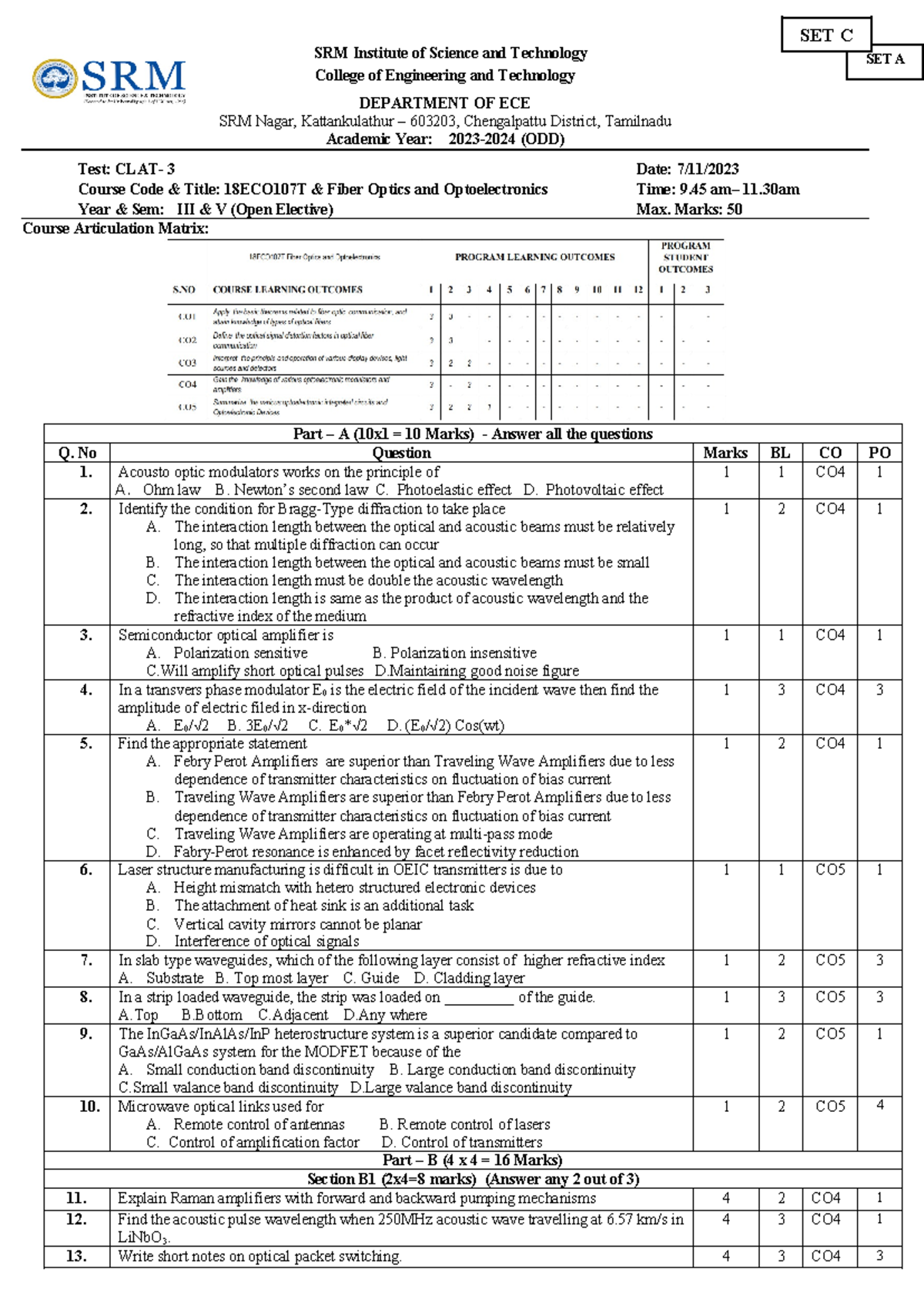 Clat3-QP set C-QP - Cycle Test Answer KEys - SRM Institute of Science ...