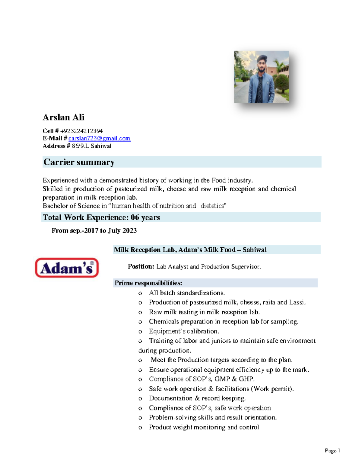 Arslan Ali CV - ..hahahhaha - Page 1 Total Work Experience: 06 years ...