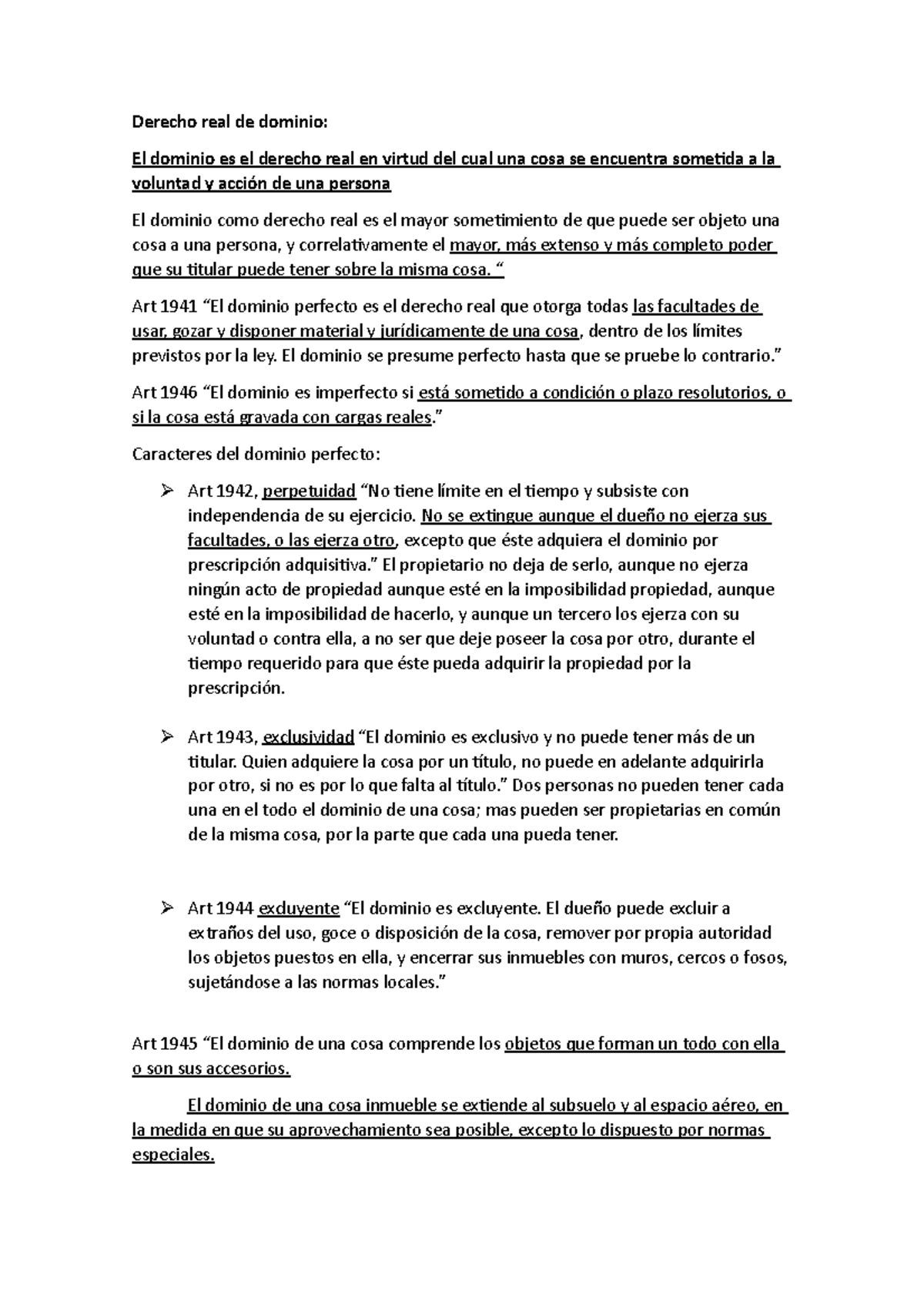 Derecho real de dominio - “ Art 1941 “El dominio perfecto es el derecho ...