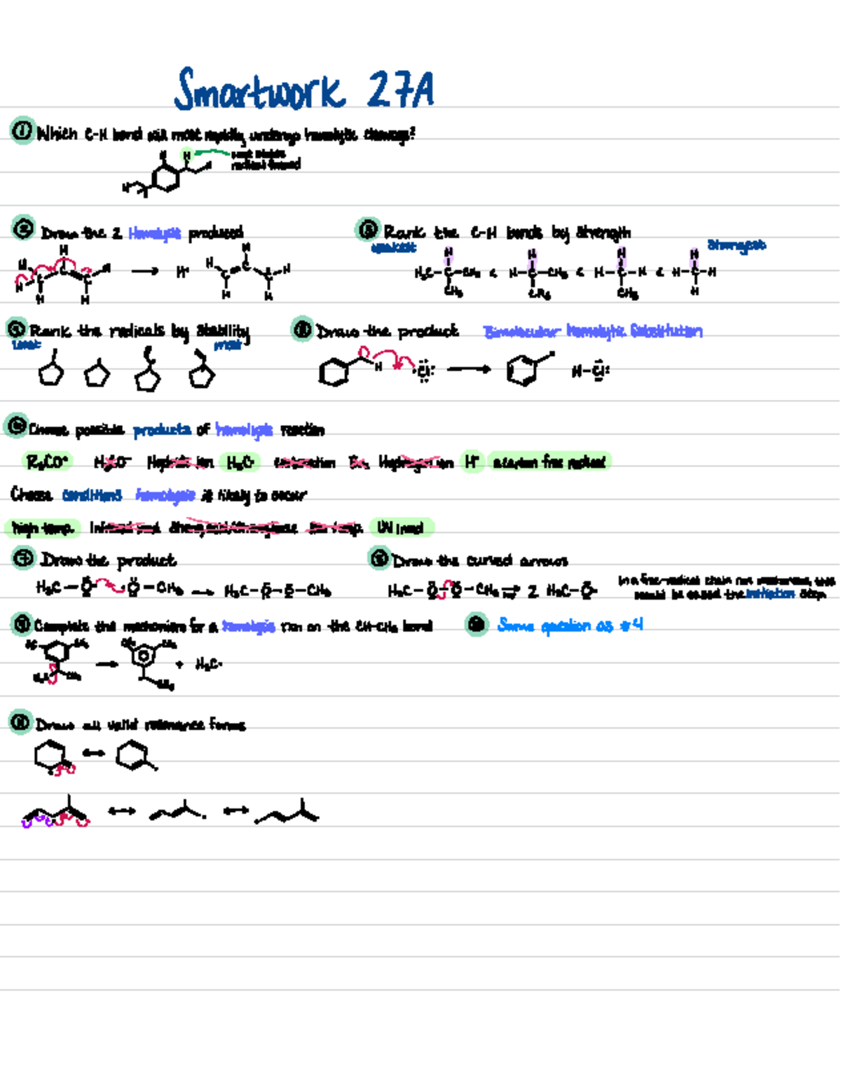 O Chem Smartwork 27 - Radical Reactions Homolytic Bond Cleavage Radical Coupling Radical ...