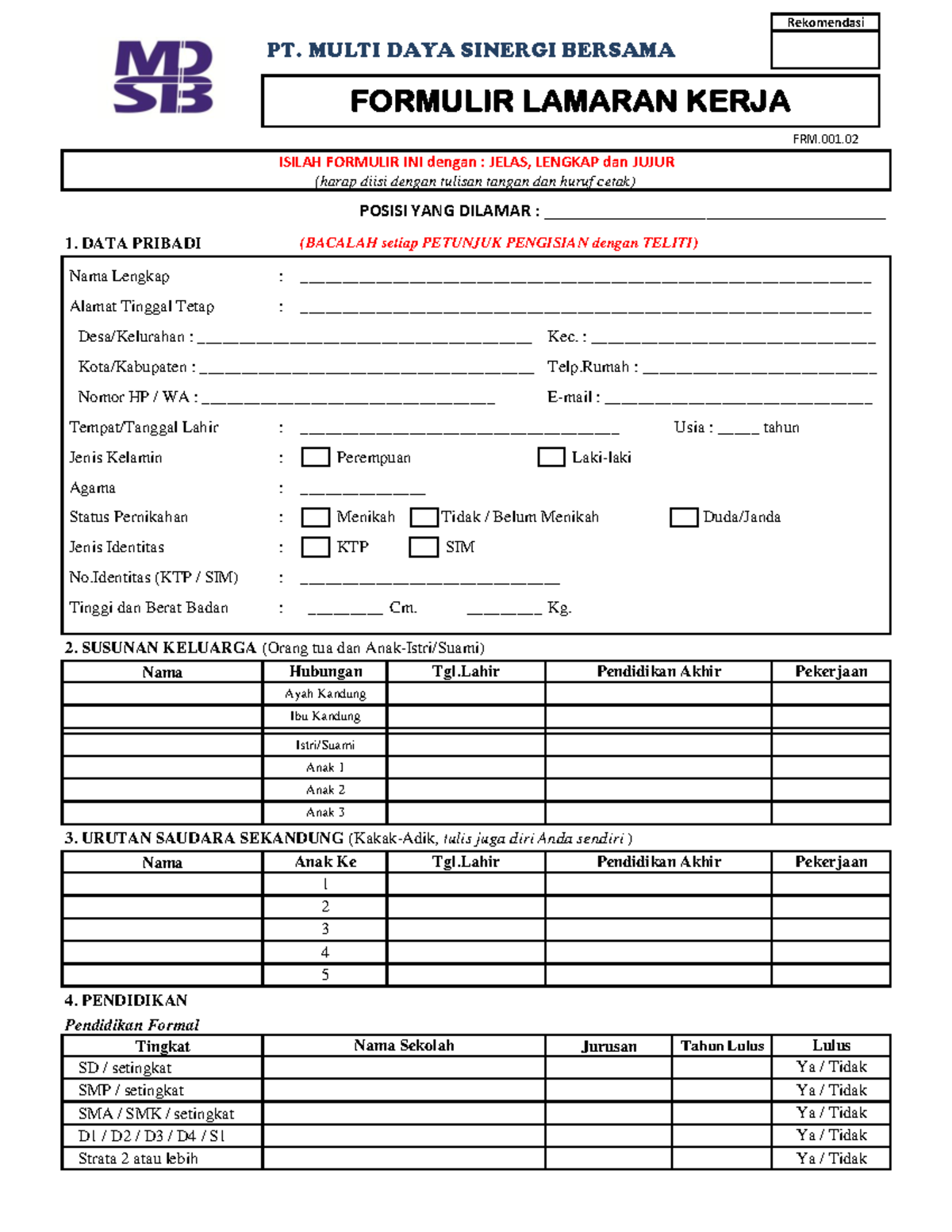 Form Lamaran Kerja - Onkugv - Rekomendasi PT. MULTI DAYA SINERGI ...