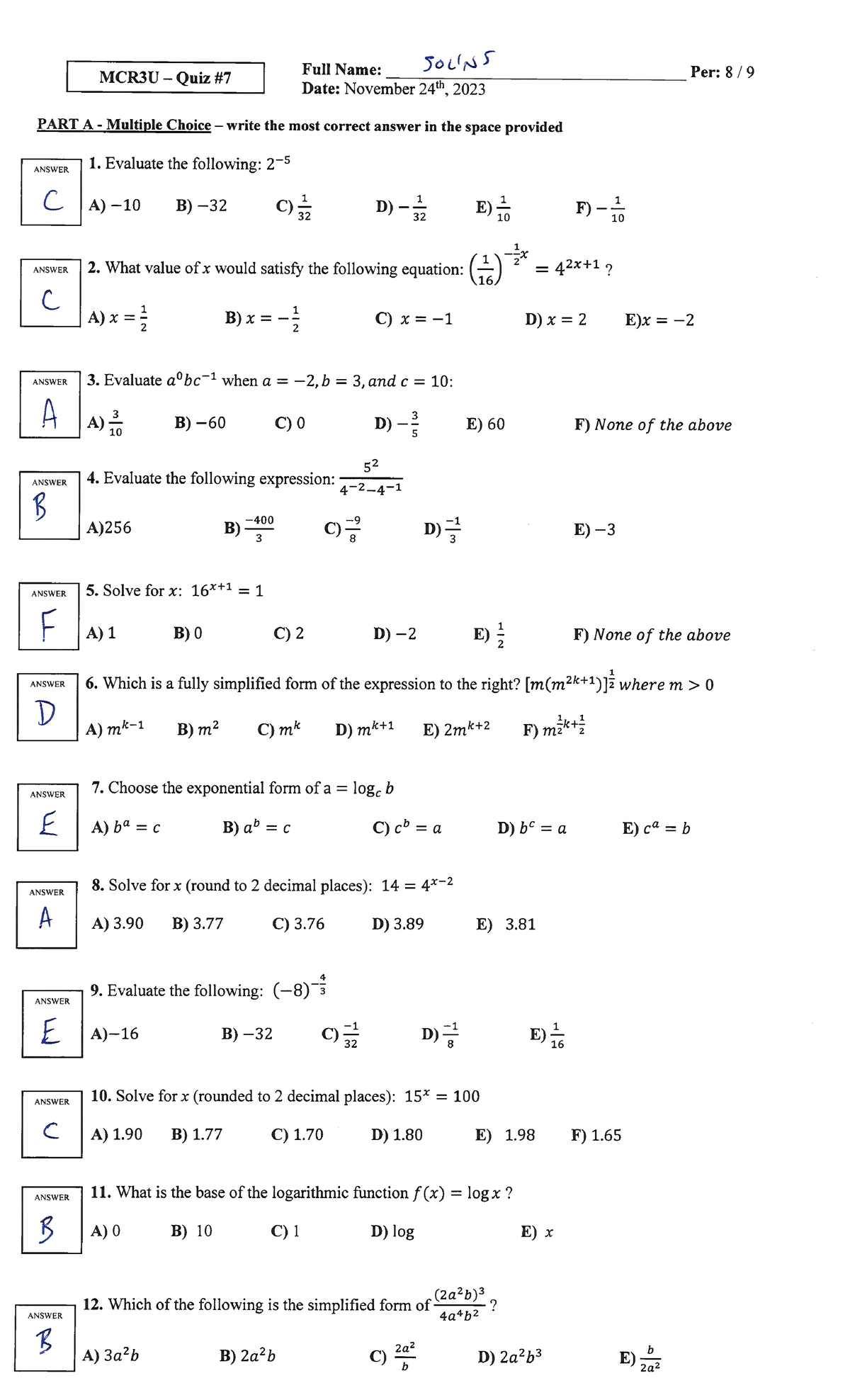 Solutions quiz 7 Exponentials 3U - Studocu