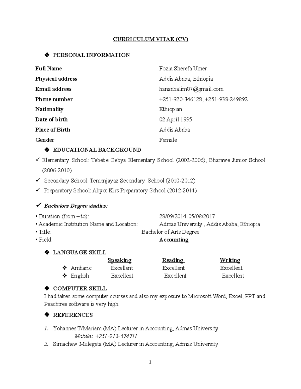 Fozu CV - note - CURRICULUM VITAE (CV) PERSONAL INFORMATION Full Name ...