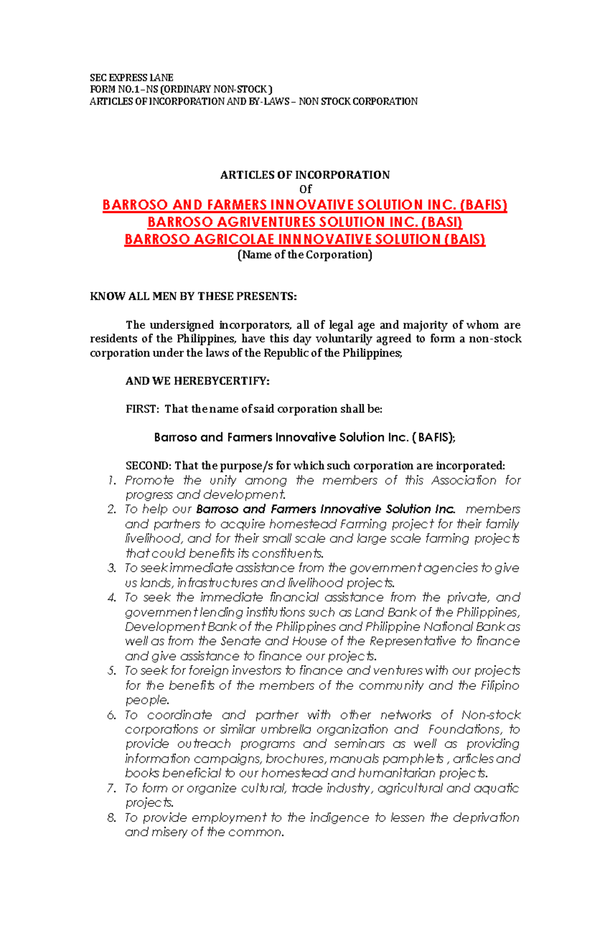 Articles of incorporation - SEC EXPRESS LANE FORM NO – NS (ORDINARY NON ...