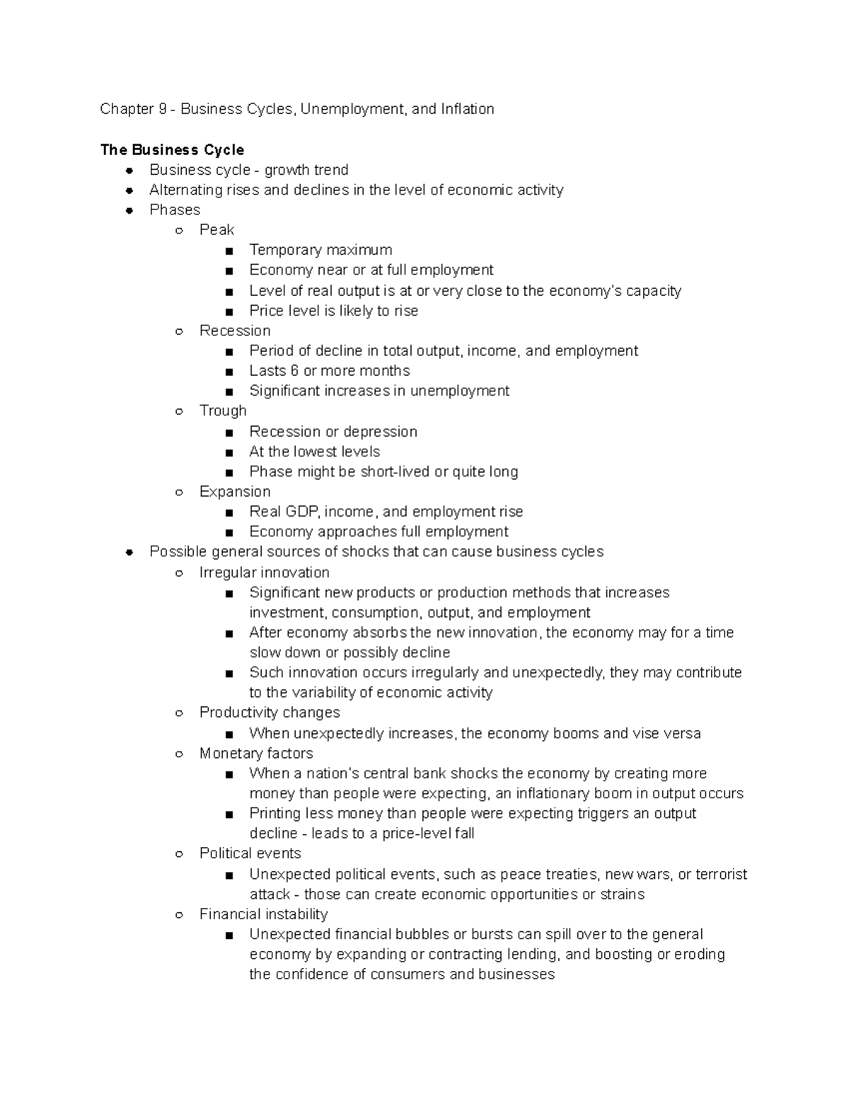 Chapter 9 - Summary Macroeconomics - Chapter 9 Business Cycles, Unemployment, and Inflation The ...