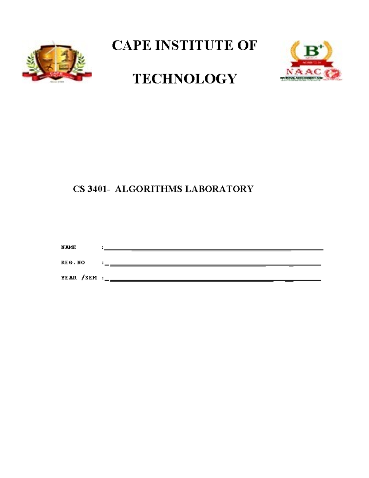 Algorithm LAB - Practical lab manual - CAPE INSTITUTE OF TECHNOLOGY CS 3401- ALGORITHMS ...