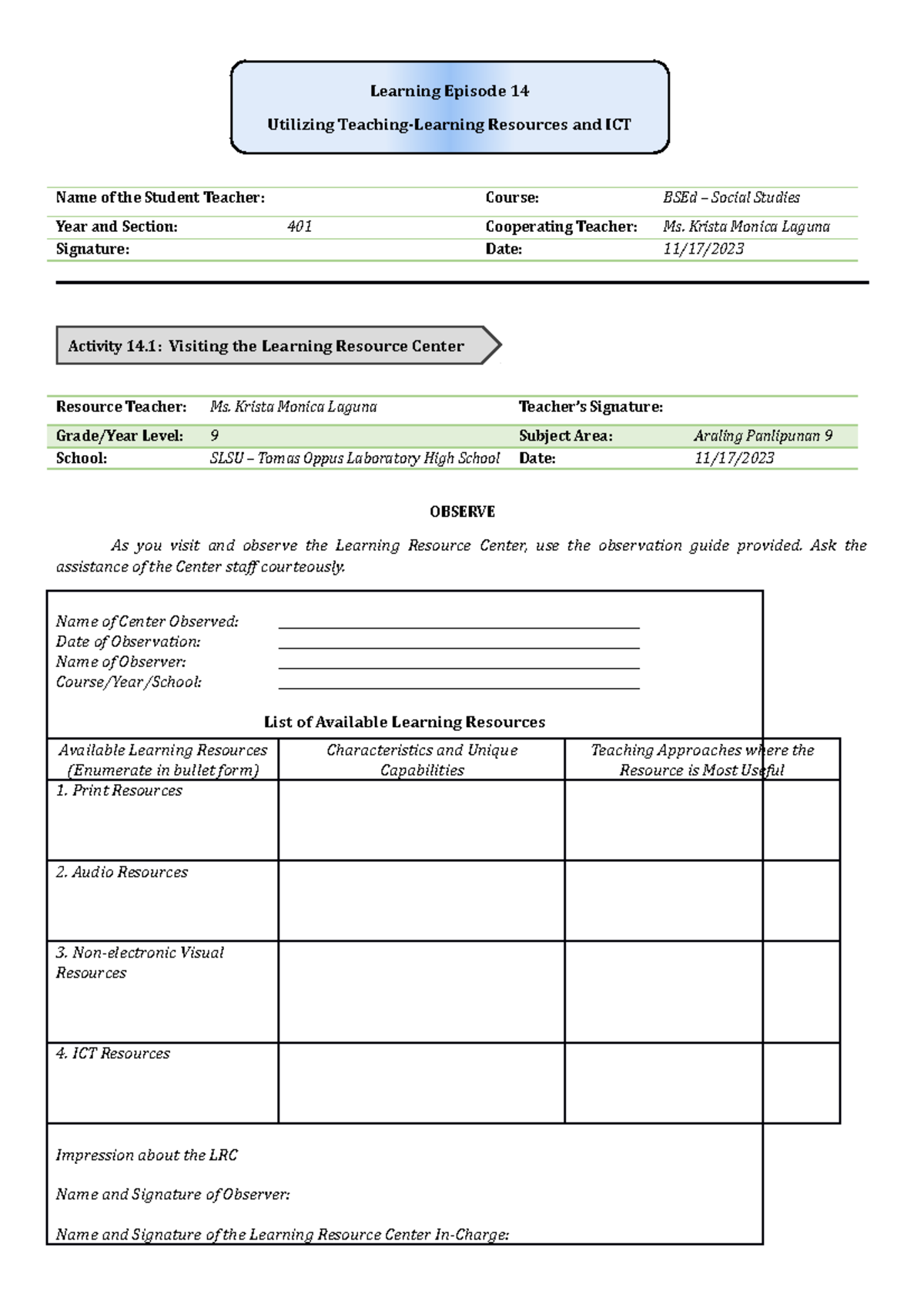 FS 1 EP 14 - Lecture - Name of the Student Teacher: Course: BSEd ...