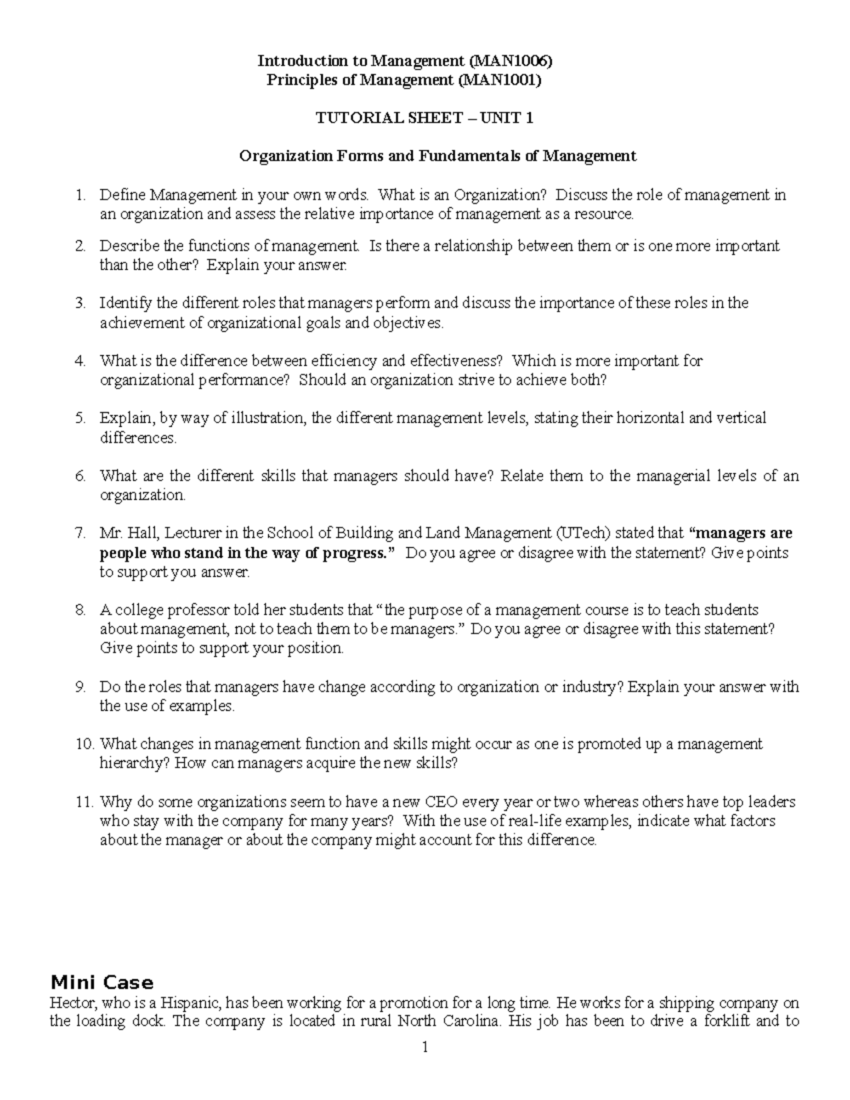 Unit 1 - Fundamentals of Management and The Organization Tutorial Sheet ...