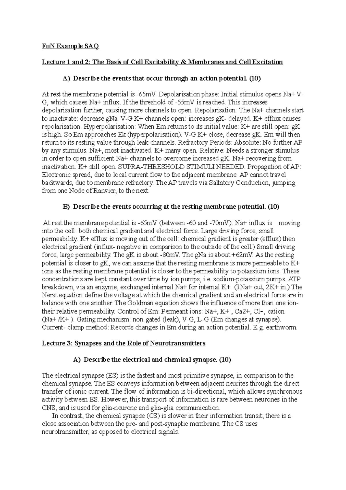 Fo N Example SAQ - Summary Neuroscience I - FoN Example SAQ Lecture 1 ...