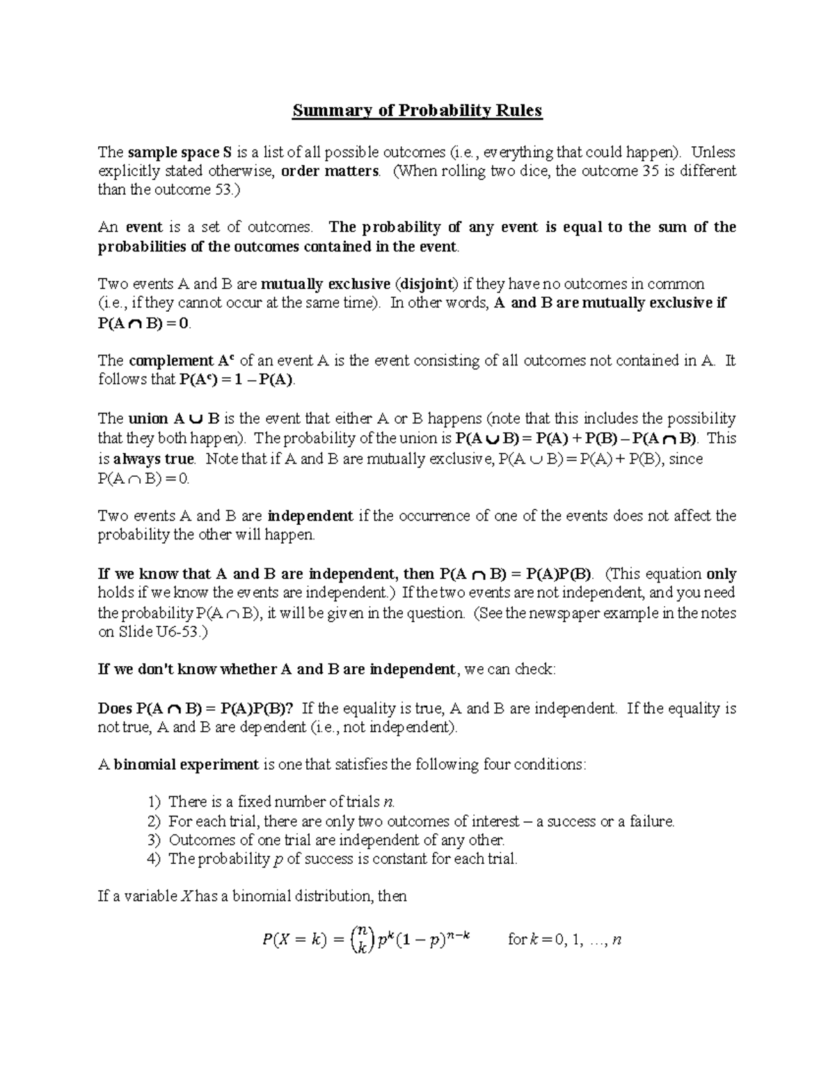Probability Rules and Formula Summary - Summary of Probability Rules ...