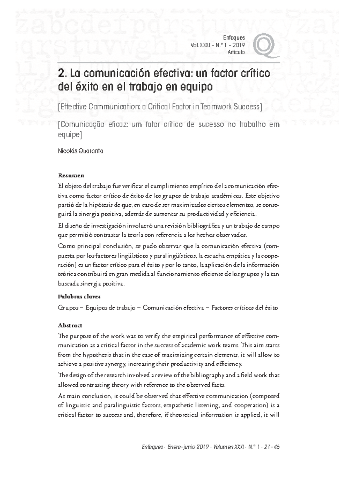 Dialnet-La Comunicacion Efectiva-7143959 - Enfoques Vol. XXXI – N.º 1 – 2019 Artículo 2. La ...