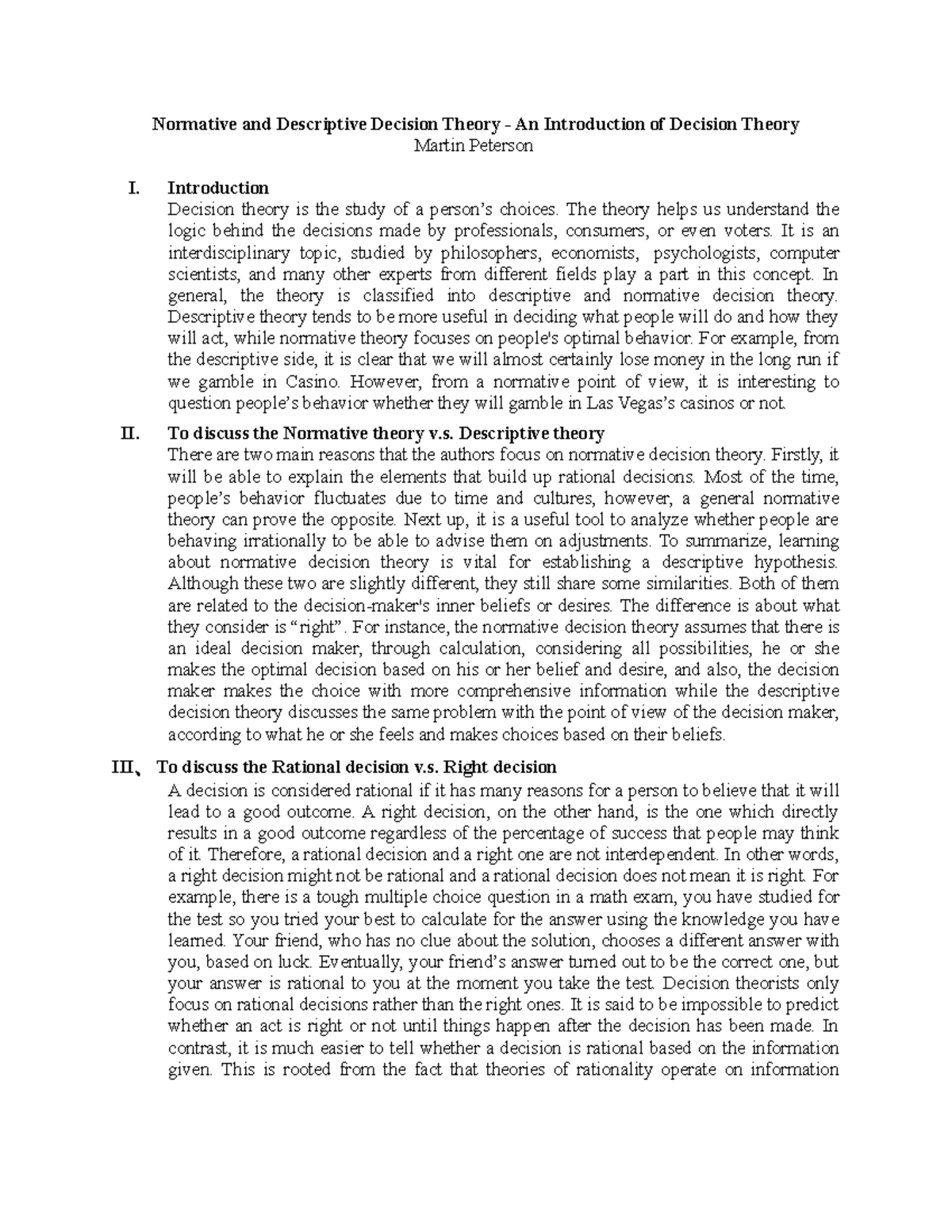 Normative and Descriptive Decision Theory - Introduction Decision ...