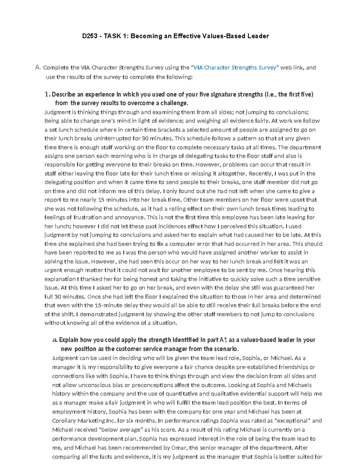 D253 Task 1 - PA, passed - D253 - TASK 1: Becoming an Effective Values ...