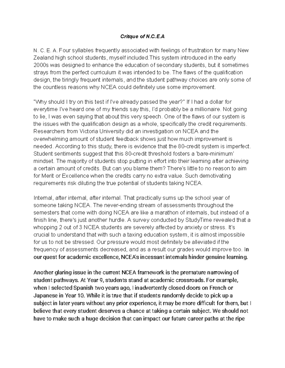 Flaws of NCEA curriculum speech - Critque of N.C.E N. C. E. A. Four ...
