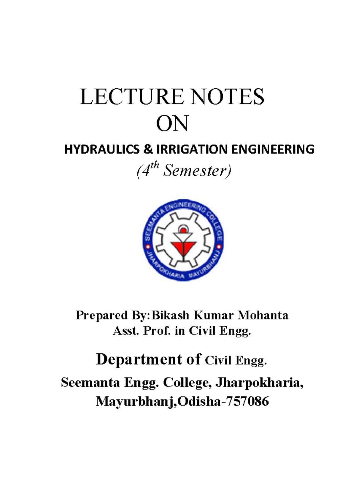 CE Hydraulics Irrigation Engineering n - LECTURE NOTES ON HYDRAULICS ...