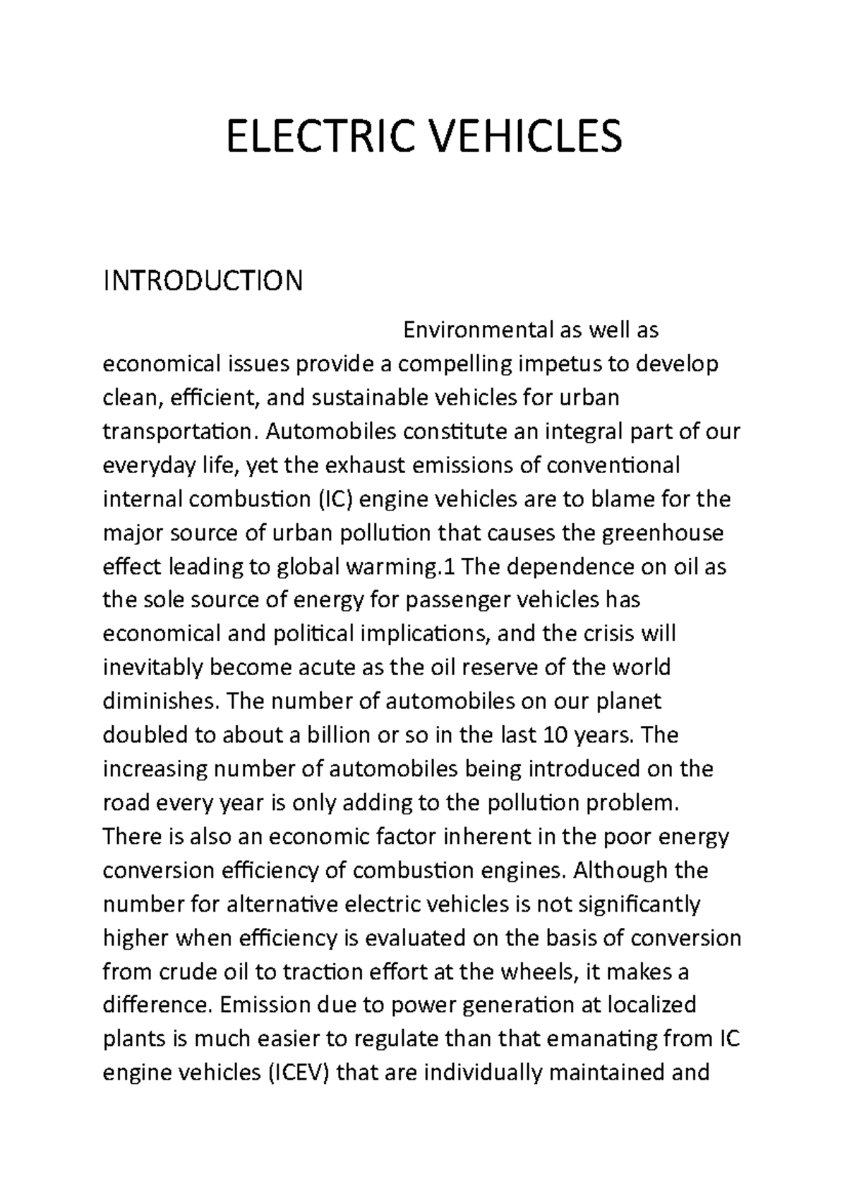 Electric Vehicles - ELECTRIC VEHICLES INTRODUCTION Environmental as ...