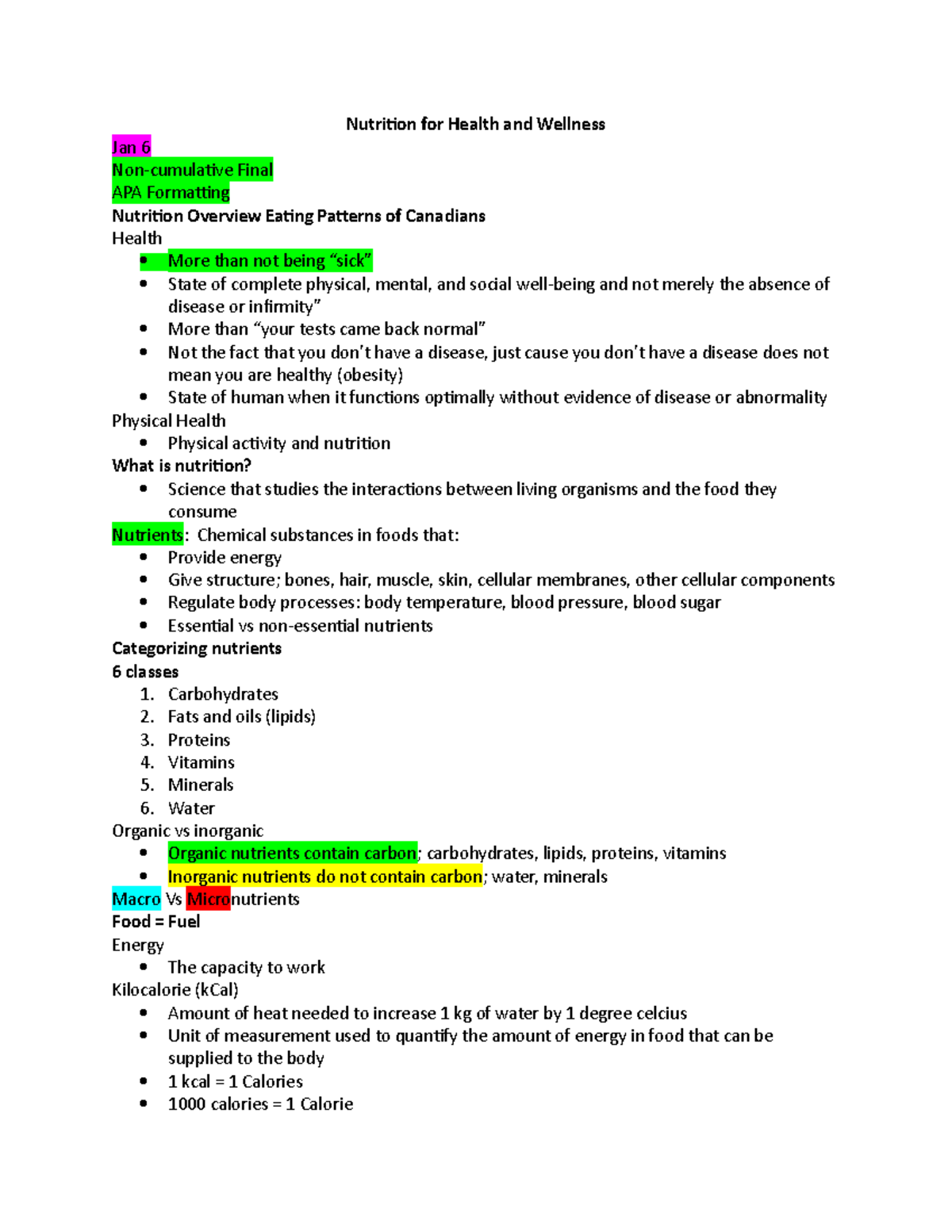 Nutrition for Health and Wellness notes - Nutrition for Health and ...