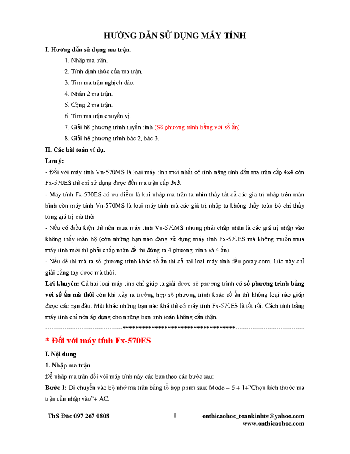 Th S Dc Tinh ma trn bng Casio - ThS c 097 267 0808 onthicaohoc_toankinhte@yahoo 1 H NG D N S ...