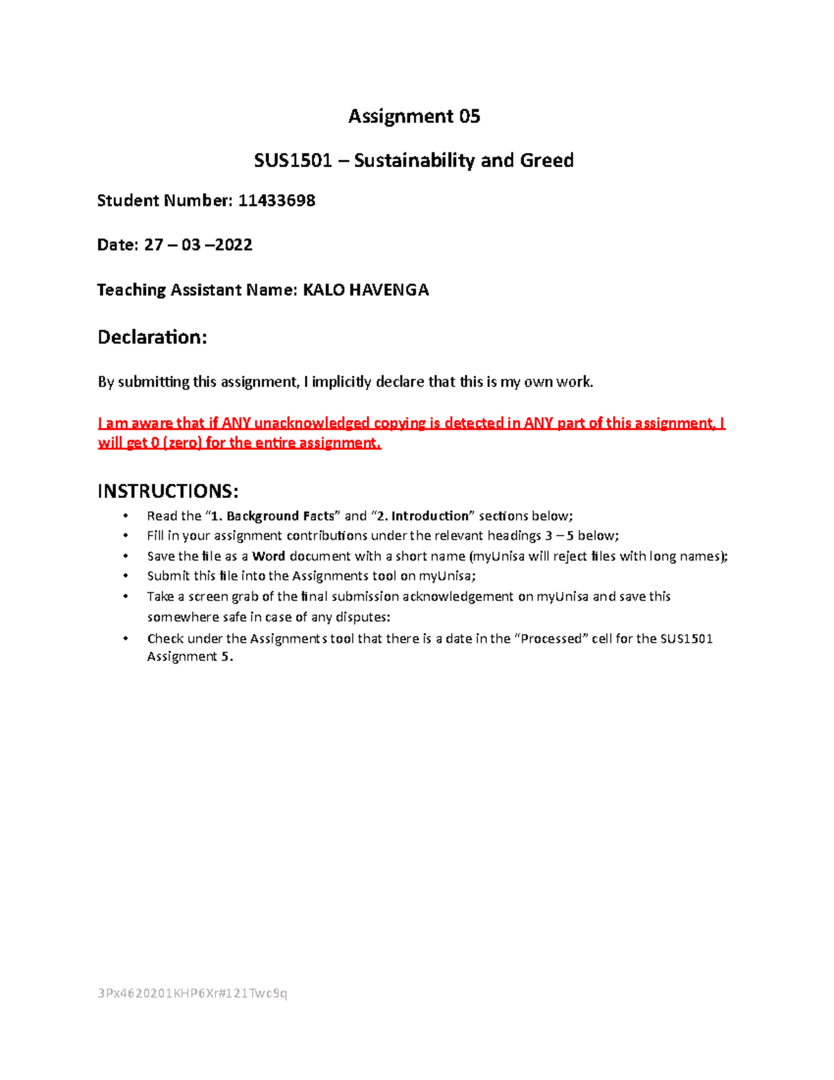 Assigment 5 - none - Assignment 05 SUS1501 – Sustainability and Greed ...