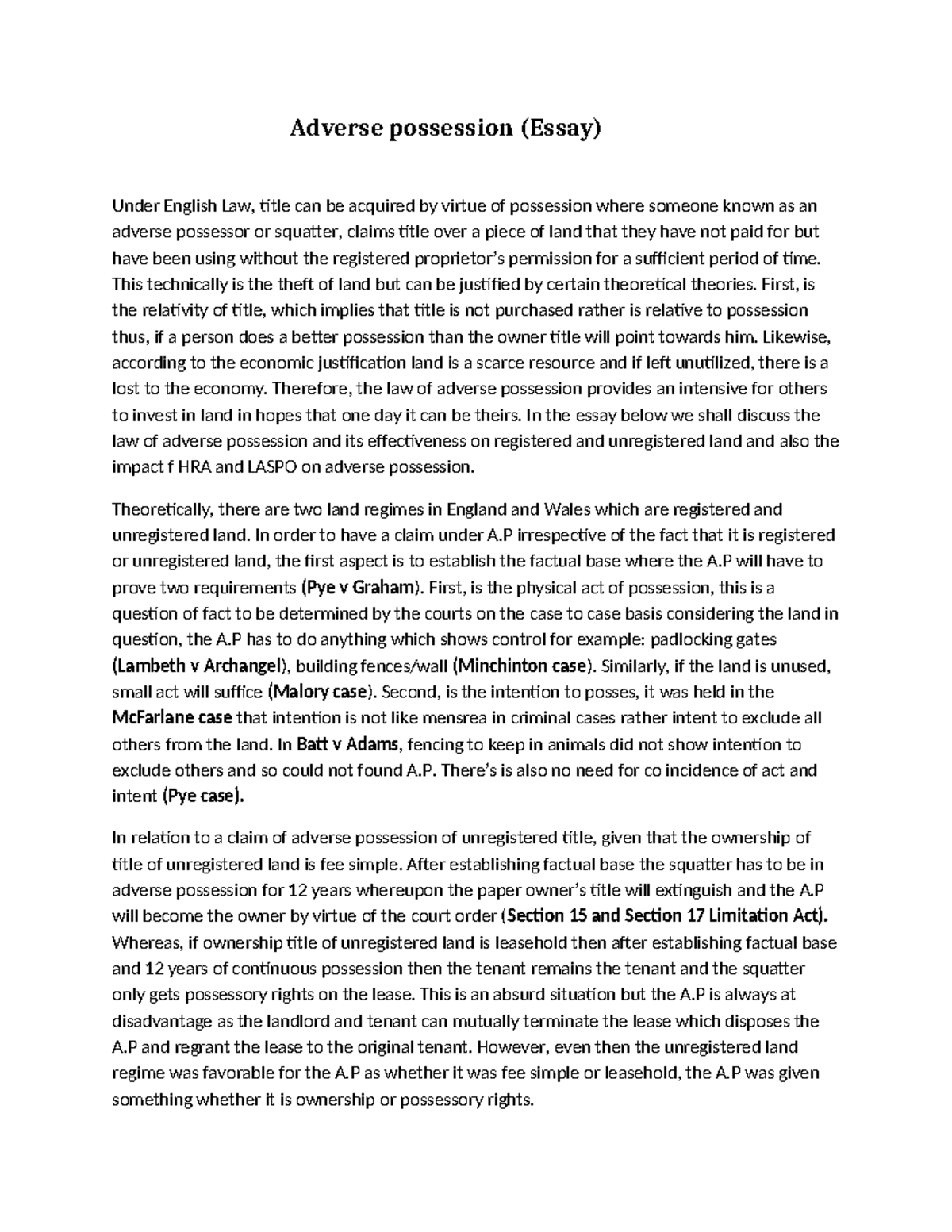 A.P essay - Law on adverse possession - Adverse possession (Essay ...
