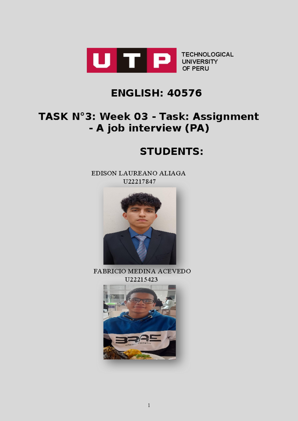 Week 4 - Química Básica - TECHNOLOGICAL UNIVERSITY OF PERU ENGLISH: 40576 TASK N°3: Week 03 ...