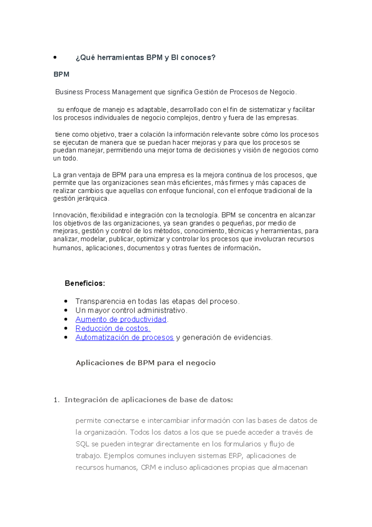 2do trabajo - ¿Qué herramientas BPM y BI conoces? BPM Business Process ...
