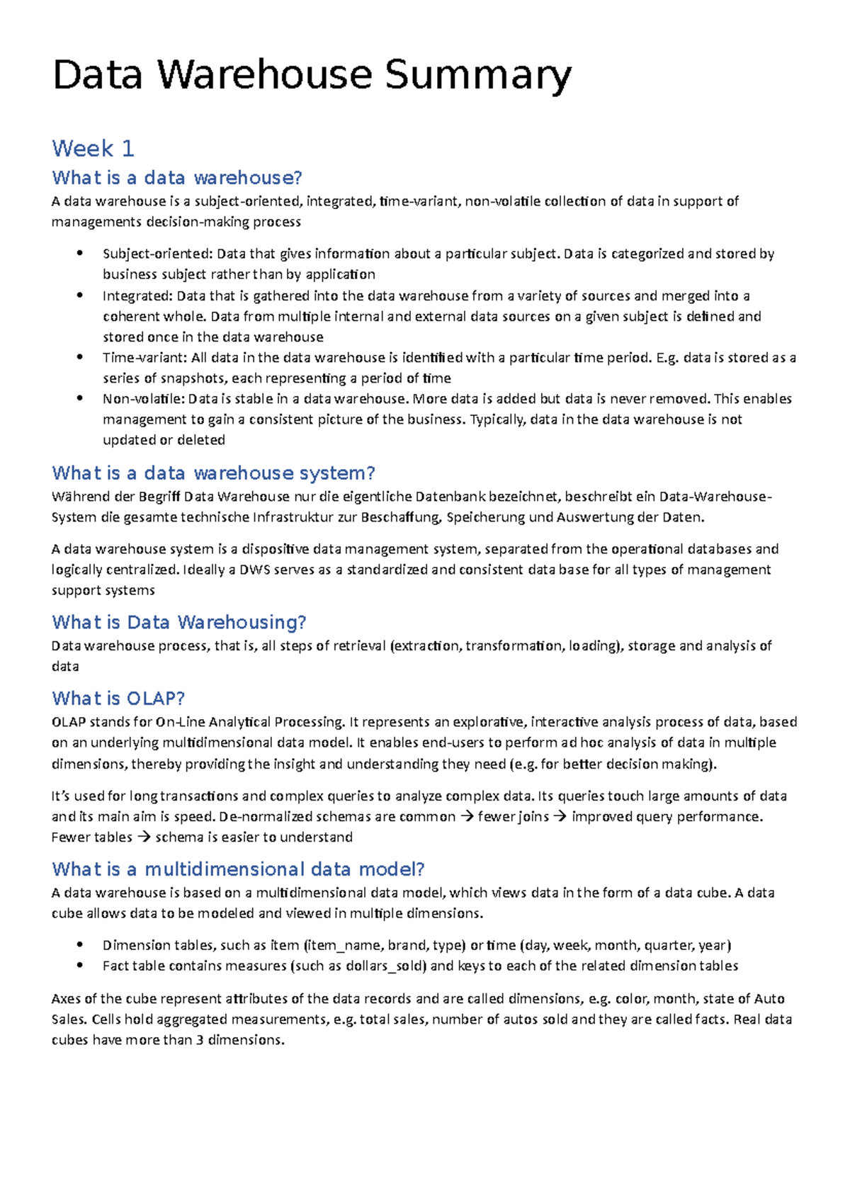 Data Warehouse Summary Data Warehouse Summary Week 1 What Is A Data