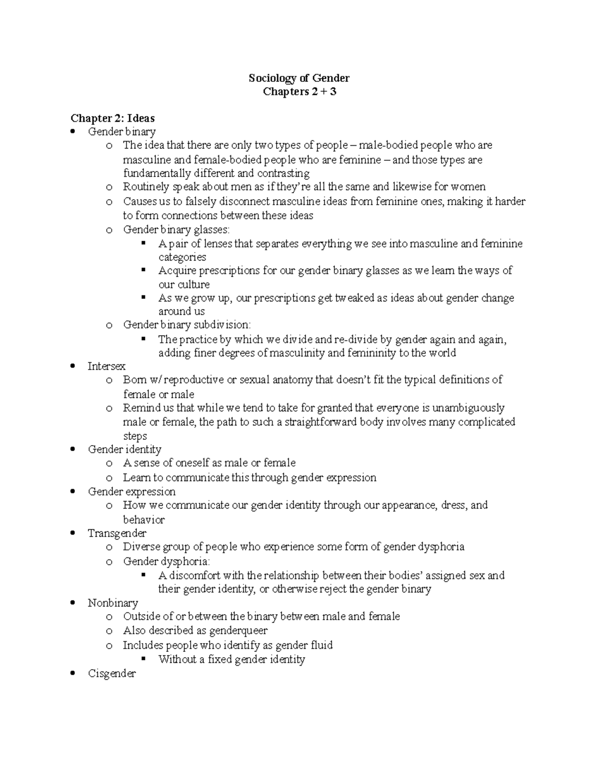 Chapter 2: Ideas and Chapter 3: Bodies Notes - Sociology of Gender ...