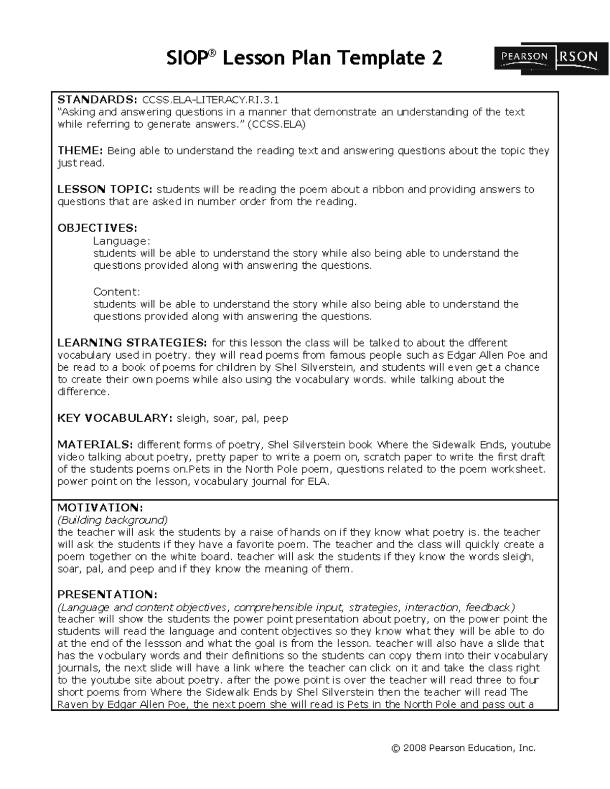 Completed SIOP Worksheet - SIOP ® Lesson Plan Template 2 STANDARDS ...