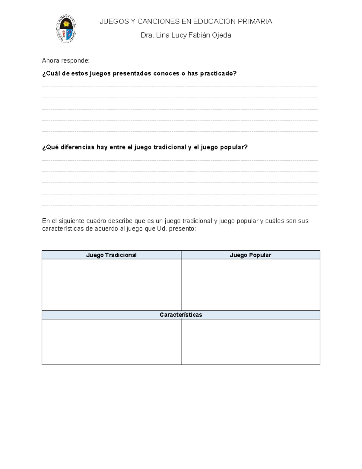 Ficha DE Trabajo - Semana 2 - JUEGOS Y CANCIONES EN EDUCACIÓN PRIMARIA ...