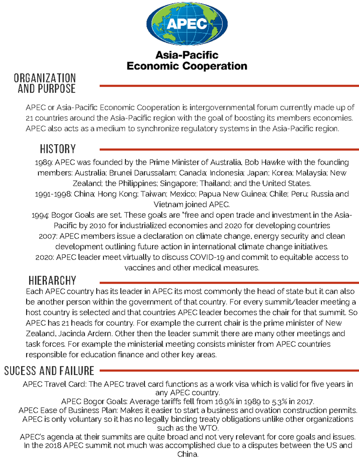 APEC - Assignment example - HIERARCHY ORGANIZATION AND PURPOSE APEC or ...