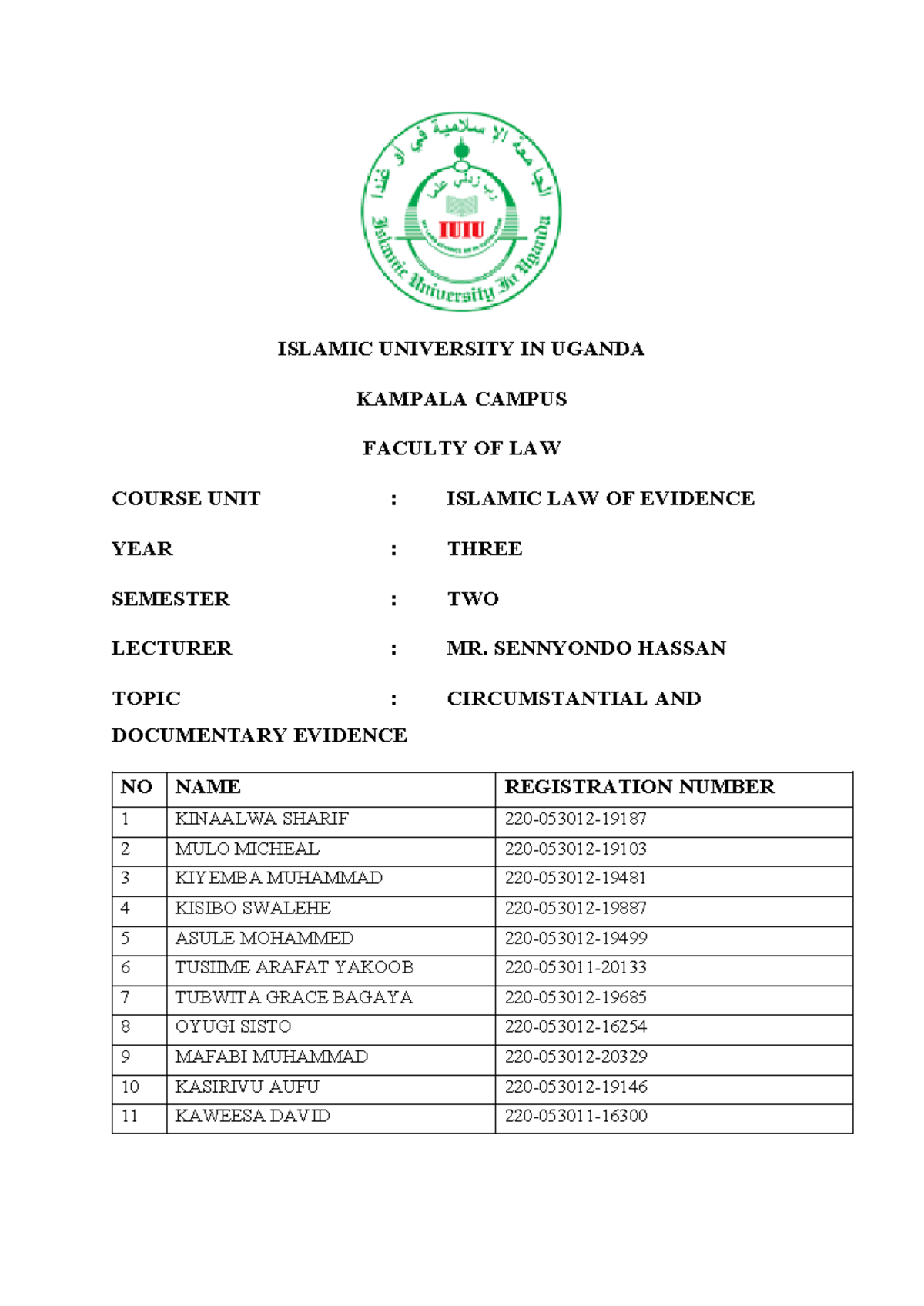 Islamic LAW OF Evidence - ISLAMIC UNIVERSITY IN UGANDA KAMPALA CAMPUS ...