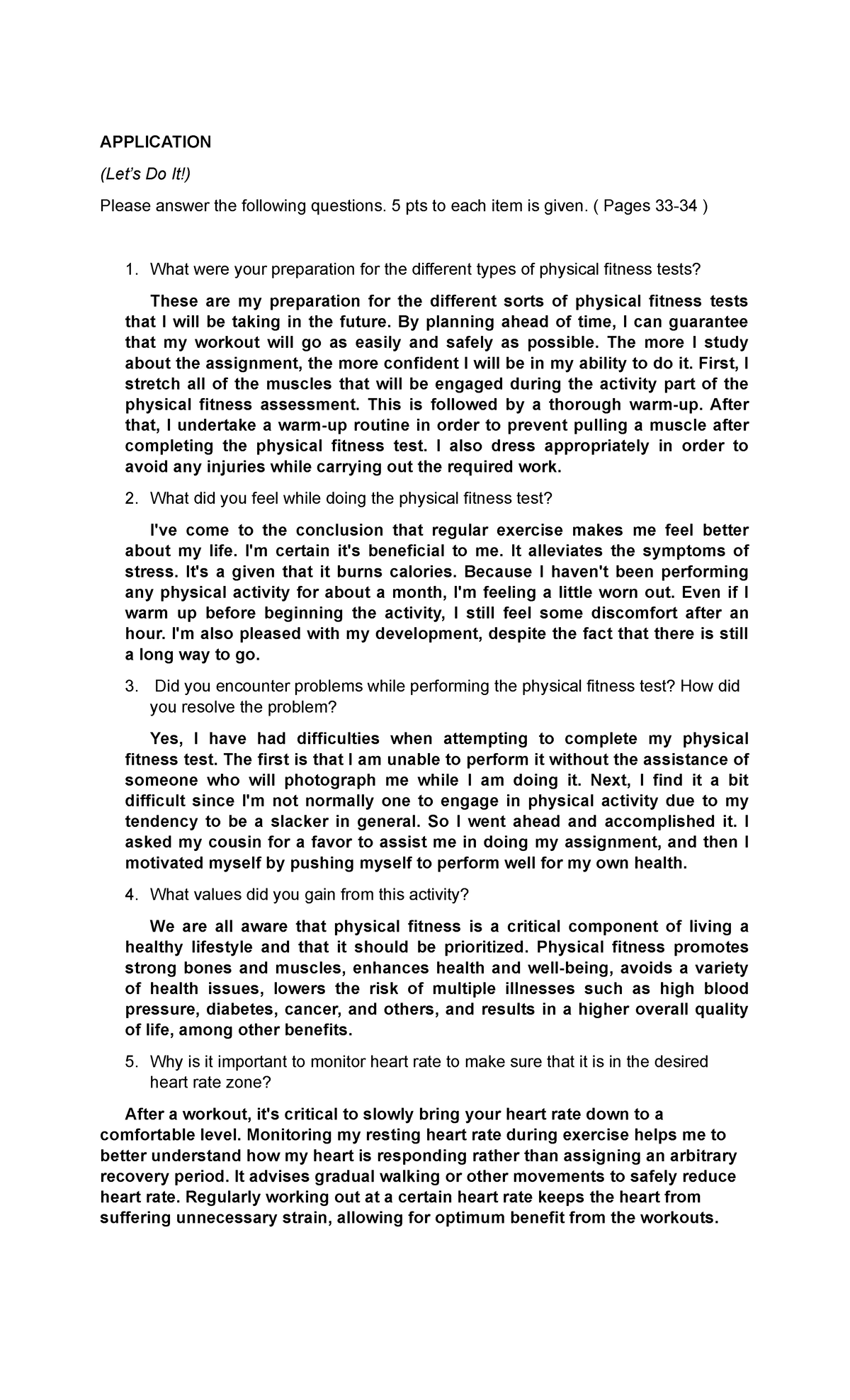 Physical Fitness Essay APPLICATION Let s Do It Please Answer The