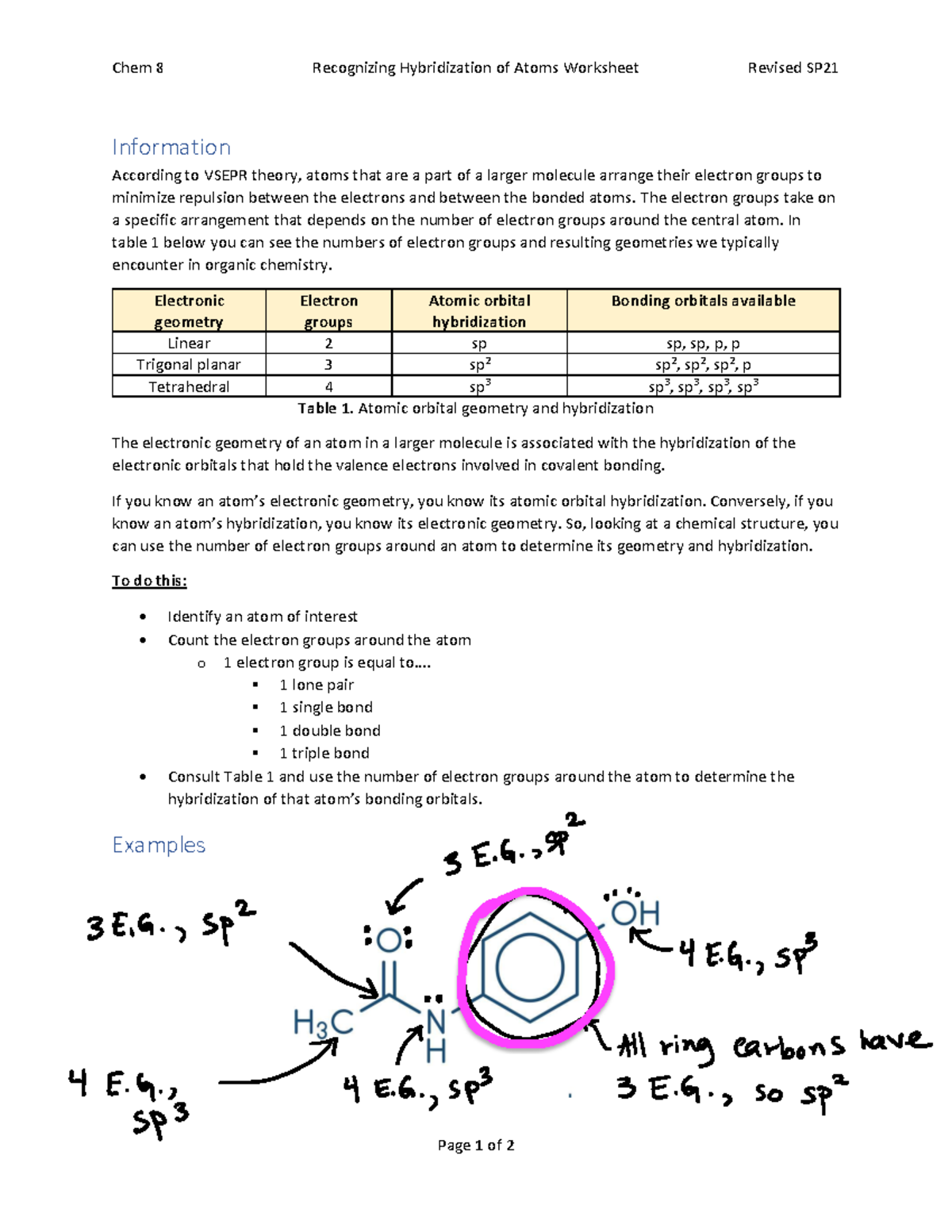 Hybridization of Atoms Worksheet - Solutions - Chem 8 Recognizing ...