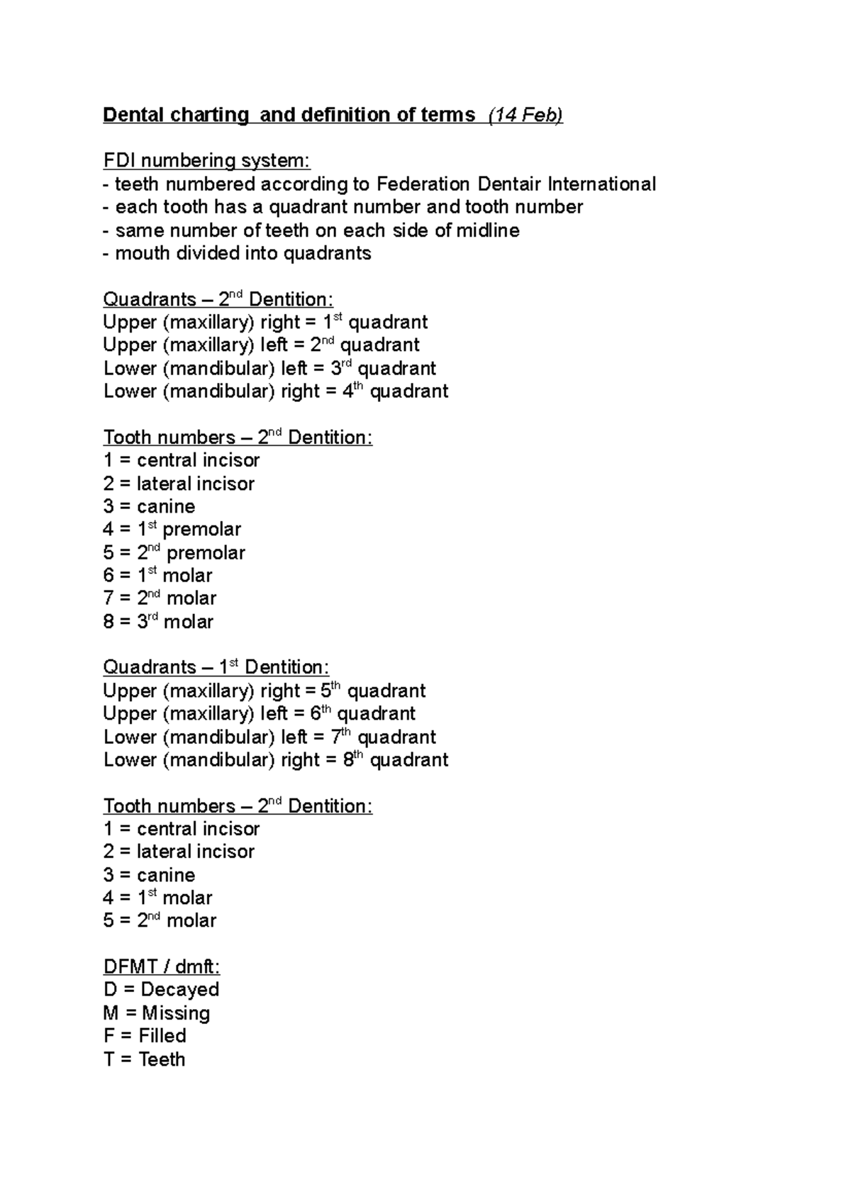 Dental charting - Lecture notes 5 - Dental charting and definition of ...