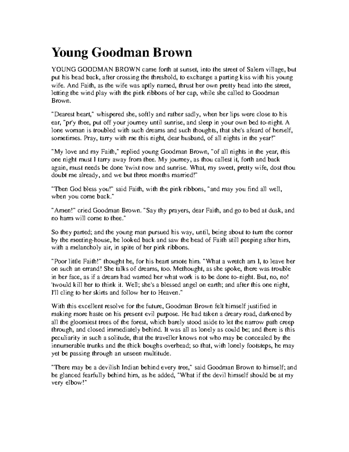 Young Goodman Brown by Nathaniel Hawthorne - Young Goodman Brown YOUNG ...