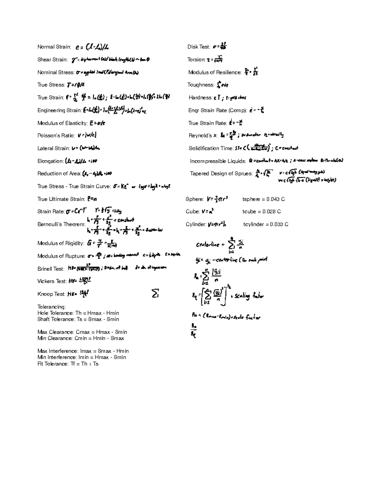 MEM 437 Cheat Sheet - ####### Normal Strain: Disk Test: ####### Shear ...