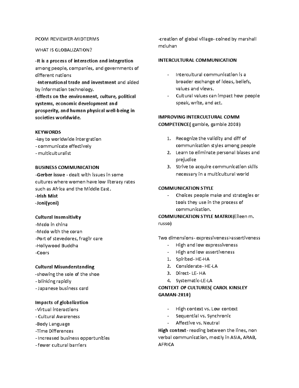 PCOM midterm Reviewer - PCOM REVIEWER-MIDTERMS WHAT IS GLOBALIZATION? -It is a process of - Studocu
