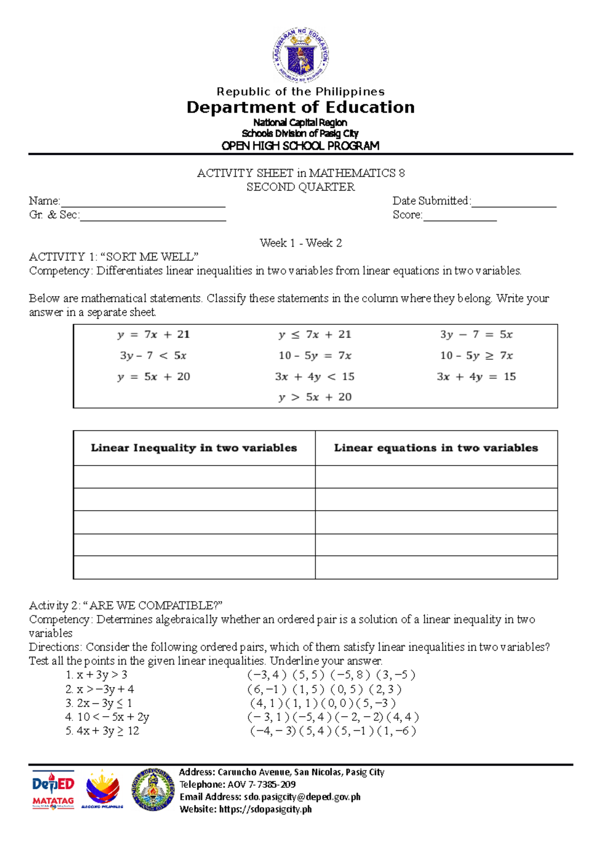 Activity Sheets - MATH 8 - Department of Education National Capital ...