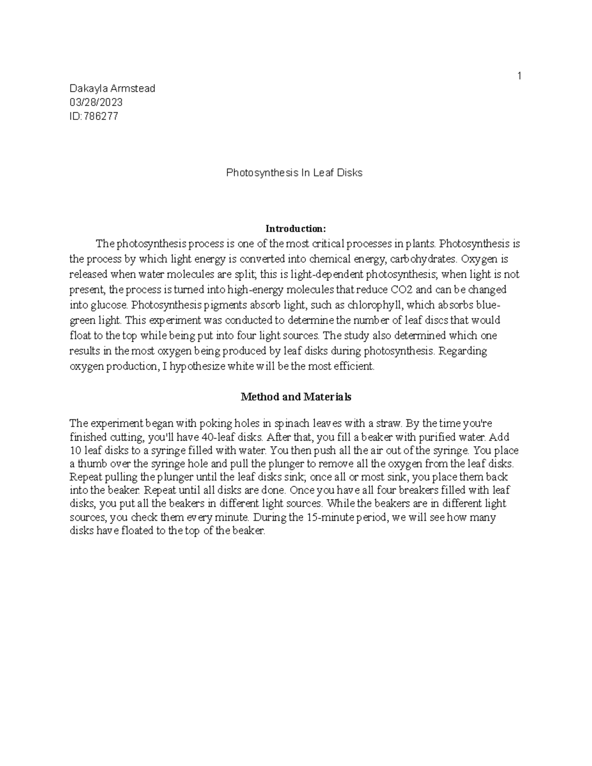 Lab report P -3 - Dakayla Armstead 03/28/ ID: Photosynthesis In Leaf ...